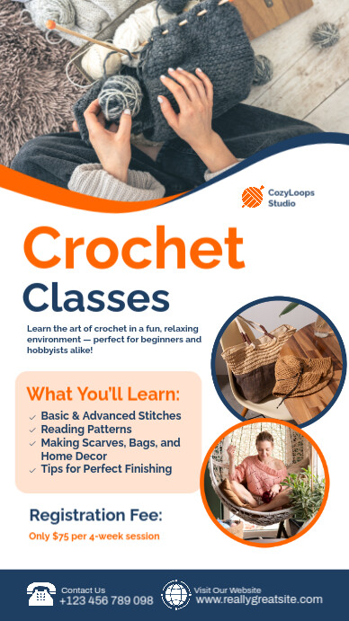 White Professional Crochet Classes Flyer Template Instagram Story ...