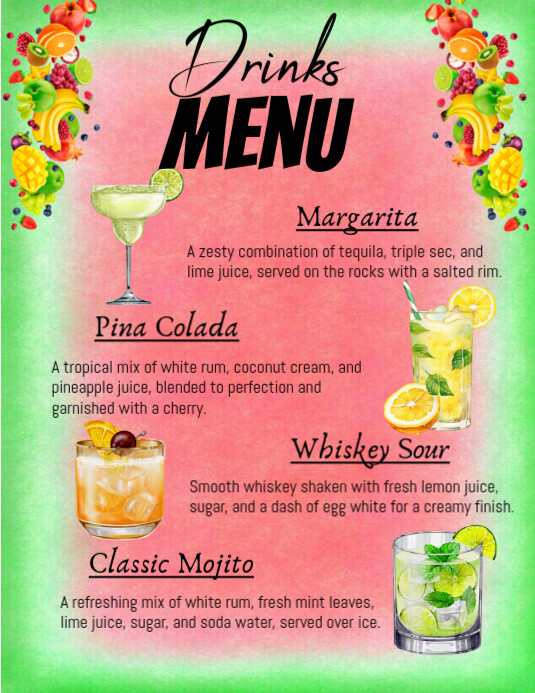 Plantilla de White Professional Drinks Juice Bar Menu Flyer (us Letter ...