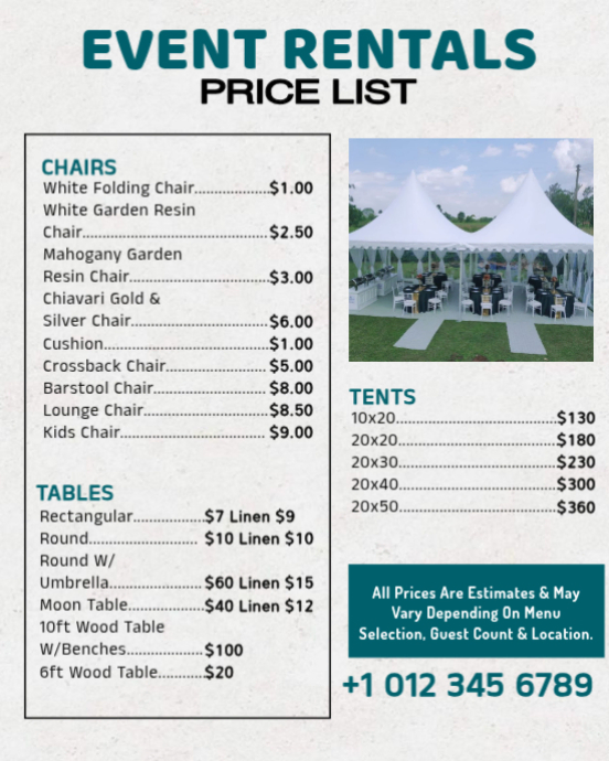 White Professional Event & Party Rentals Price List Flyer Instagram ...