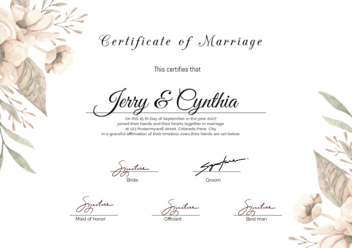 White Professional Floral Style Certificate Of Marriage A4 A4 Template ...