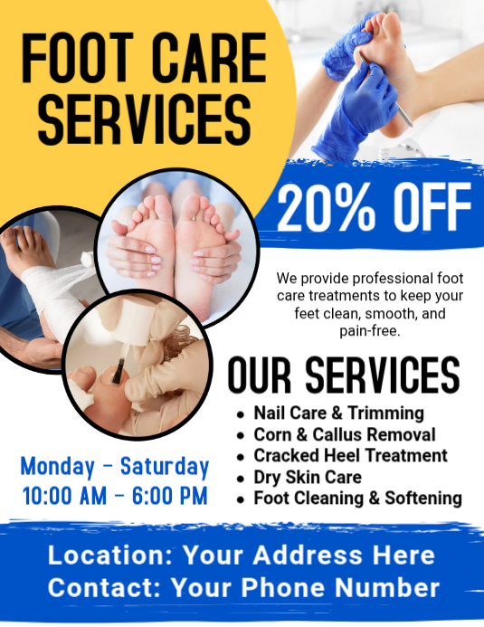 White Professional Foot Care Services Flyer Template | PosterMyWall