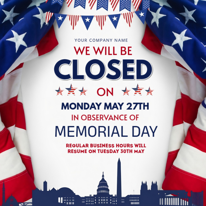Plantilla de Memorial Day Closure Announcement | PosterMyWall