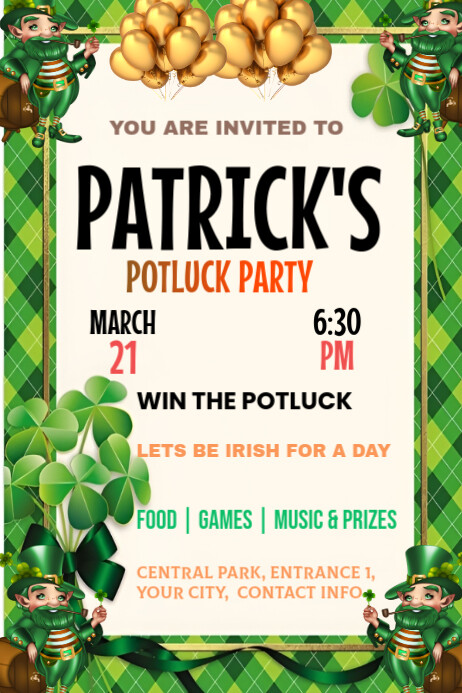 White Professional Patricks Potluck Party Poster Template | PosterMyWall