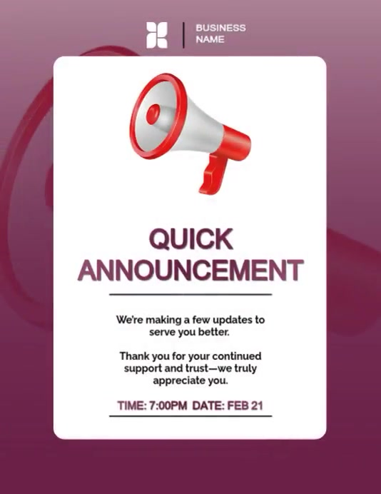 Plantilla de White Professional Quick Business Announcement Video ...