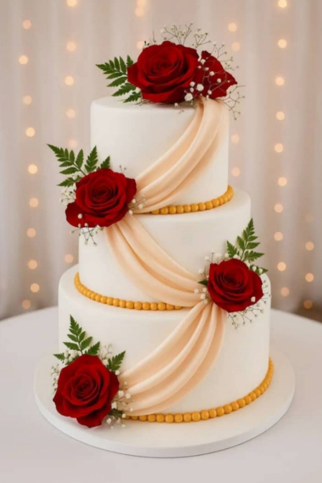 White Professional Romantic Red Rose Wedding Cake With Gold Draping ...