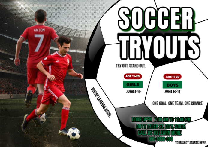 White Professional Soccer Tryouts A4 Template | PosterMyWall