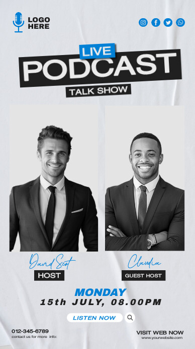 White Professional Talk Show Podcast Live Ins Template | PosterMyWall