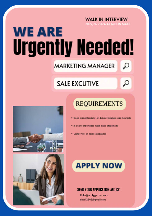Copy of White Professional White And Pink Hiring Post | PosterMyWall