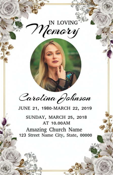 Plantilla de White Rose Funeral Program Announcement Card | PosterMyWall