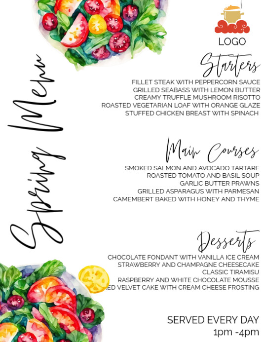 White Spring Menu Template Flyer (us Letter) | PosterMyWall