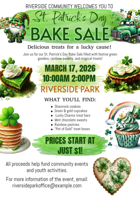 White St. Patrick's Day Bake Sale A4 Template | PosterMyWall