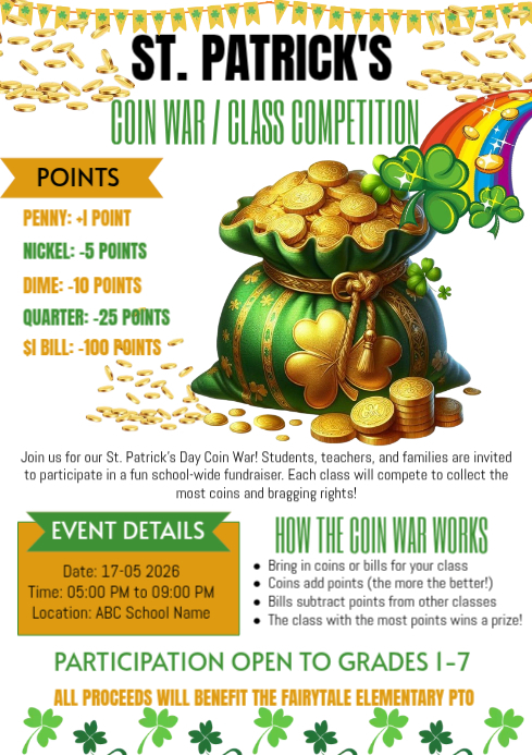 White St. Patrick's Day Coin War Fundraiser A4 Template | PosterMyWall
