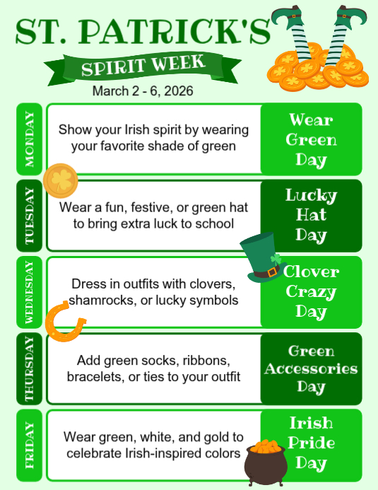 White St. Patrick's Spirit Week Flyer Template | PosterMyWall
