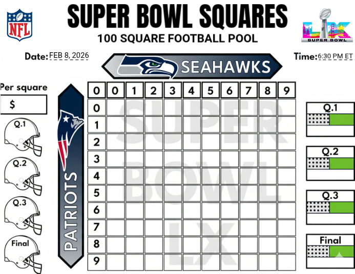 White Super Bowl Squares Flyer Template | PosterMyWall