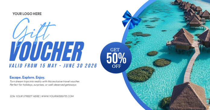 Modèle White Travel Voucher Facebook Shared Image | PosterMyWall