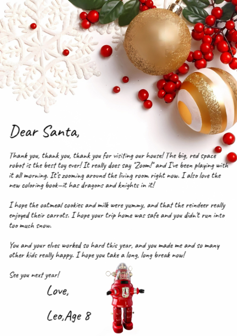 White Typographic Thank You Note To Santa For Kids A4 Template ...