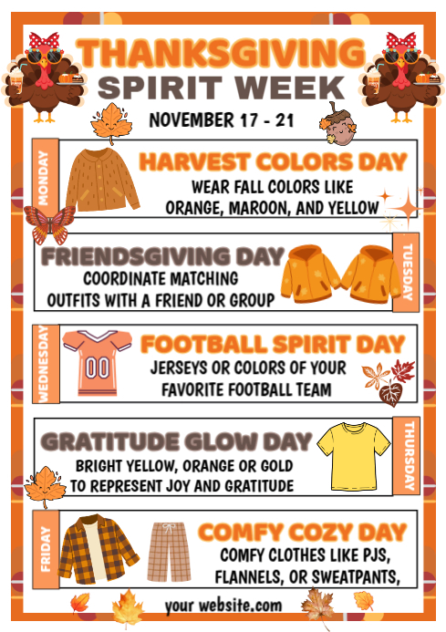 White Typographic Thanksgiving Spirit Week A4 Template | PosterMyWall