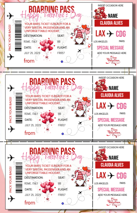 White Valentine's Day Boarding Pass Tabloid Template | PosterMyWall