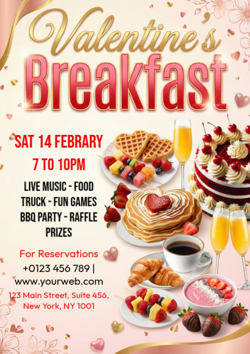 White Valentine's Day Breakfast Event A4 Template | PosterMyWall