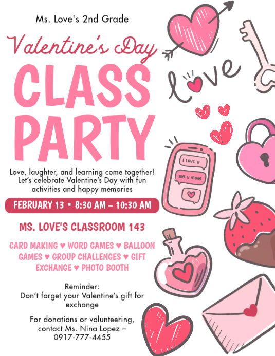 White Valentine's Day Class Party Flyer Template | PosterMyWall