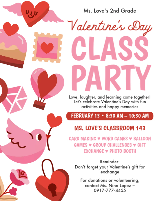 White Valentine's Day Class Party Flyer Template | PosterMyWall
