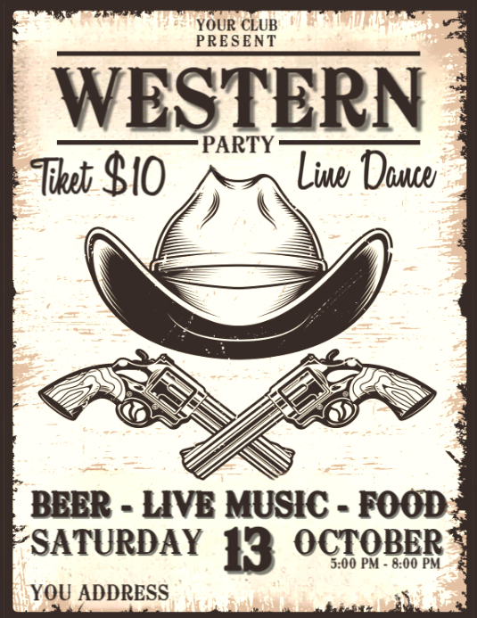 White Vintage Western Party Volantino (us Letter) Template | PosterMyWall