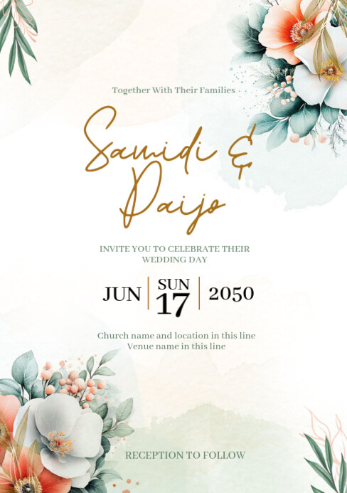 White Watercolor Professional Wedding Invitation A5 Template | PosterMyWall