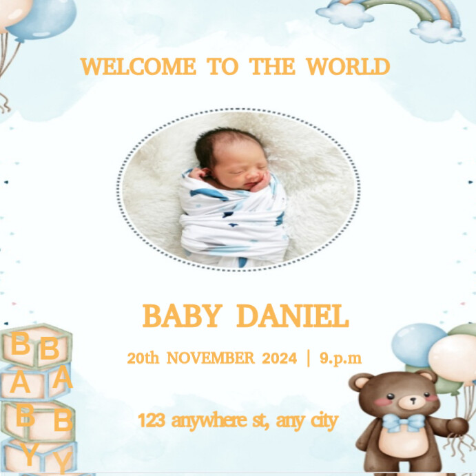White Welcome To The World Baby Daniel Instagram Post Template | PosterMyWall