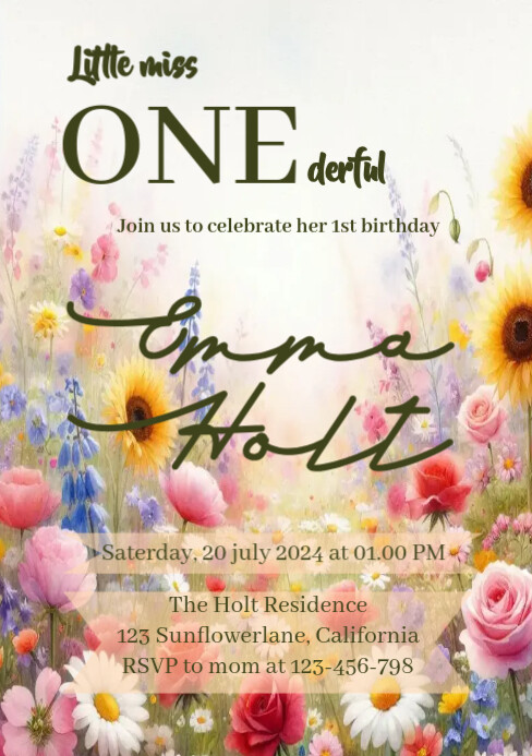Wildflowers one birthday invitation Template | PosterMyWall