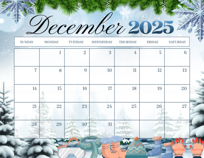 Winter Joyful Calendar December 2025 Flyer (us Letter) Template ...