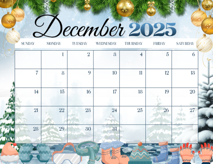 Winter Joyful Calendar December 2025 Flyer (us Letter) Template ...