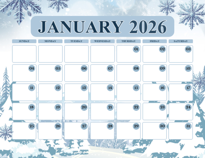 Winter Modern & Minimal Calendar January 2026 Flyer (us Letter ...