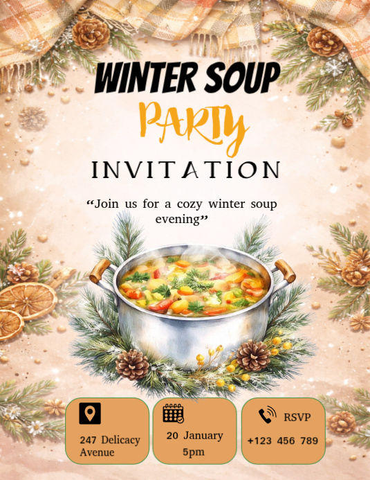 Winter Soup Party Invitation Flyer Template | PosterMyWall