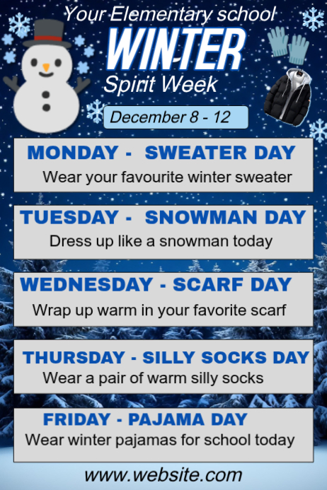 Winter Spirit Week Schedule Poster Template | PosterMyWall