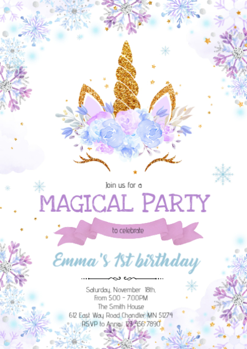 Winter unicorn theme invitation Template | PosterMyWall