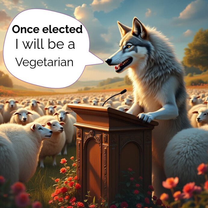 Wolf's False Promise to Sheep Voters Cartoon Template | PosterMyWall