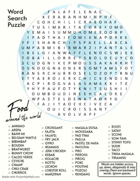 Word Search Puzzle-Food Around The World Template | PosterMyWall