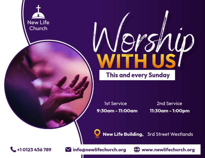 Worship with us Church purple flyer Template | PosterMyWall