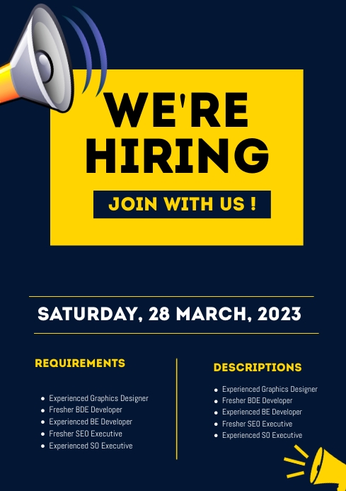 Yellow & Dark Blue We Are Hiring Flyer Template | PosterMyWall