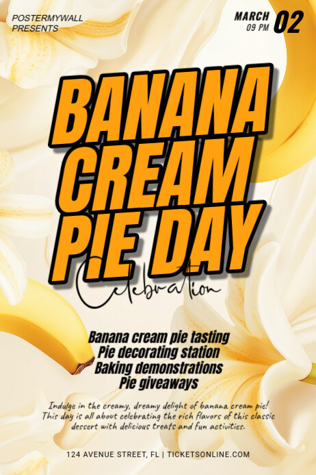 Yellow 3d National Banana Cream Pie Day Celebration Evemt Poster ...