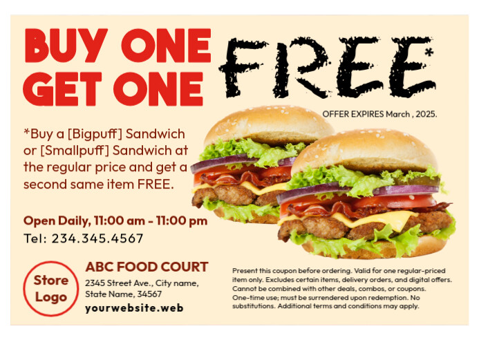 Yellow and Red Buy One Get One Free Burger Coupon Postcard Template ...