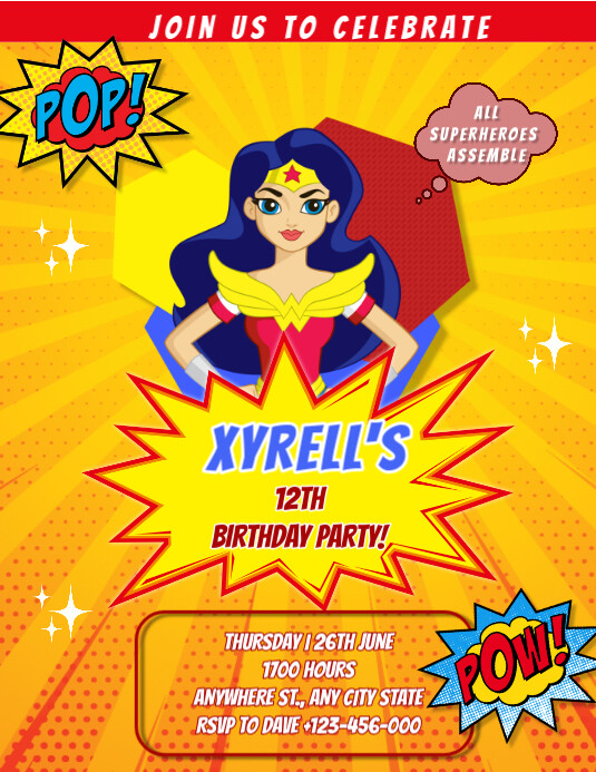 yellow blue comic superhero theme birthday invitation Template ...