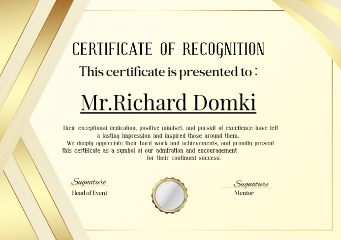 Yellow Certificate of Recognition A4 Template | PosterMyWall