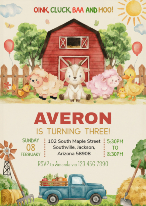 Yellow Farm Animal Birthday Party A6 Template | PosterMyWall