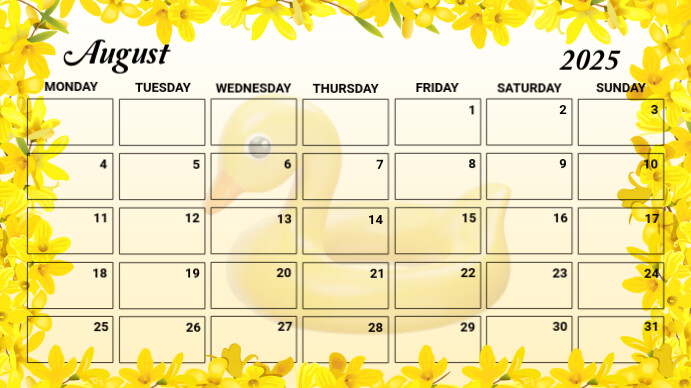 Yellow Floral August Calendar Presentation (16:9) Template | PosterMyWall