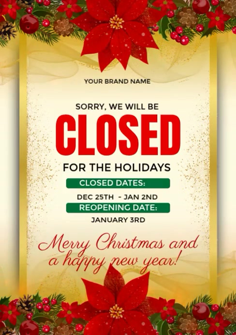 Plantilla de Yellow Floral Closed Notice For Holidays A4 | PosterMyWall