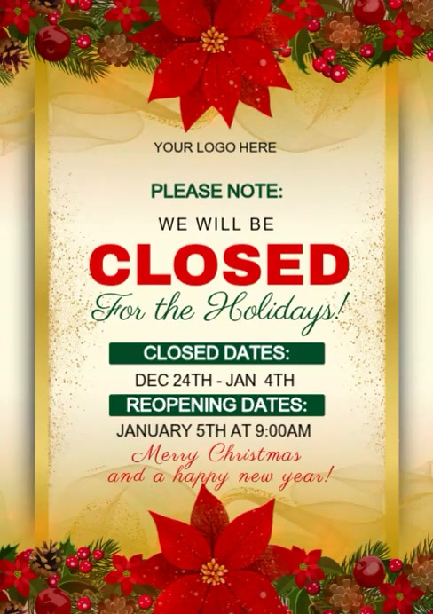 Yellow Floral Closed Notice For Holidays A4 Template | PosterMyWall