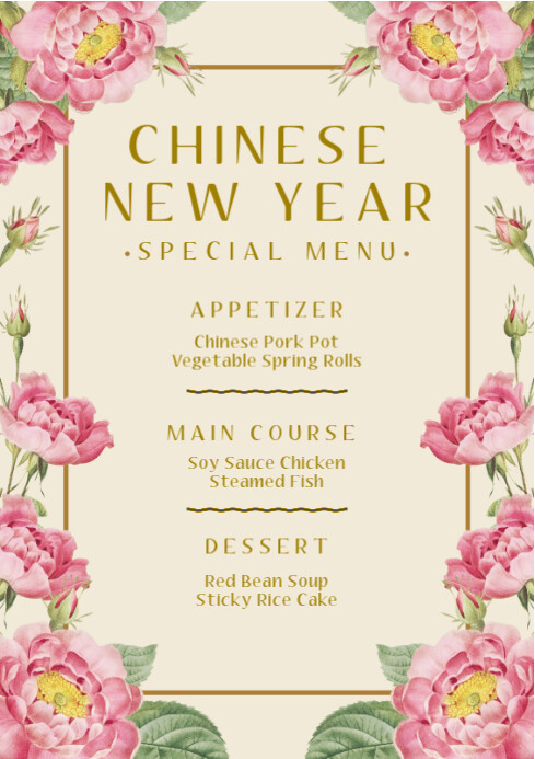 Yellow Floral Cream And Pink Elegant Chinese New Year Menu A4 Template ...