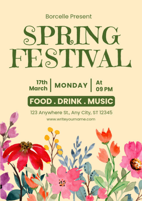 Yellow Floral Cream Illustrative Spring Festival Flyer A5 A4 Poster ...
