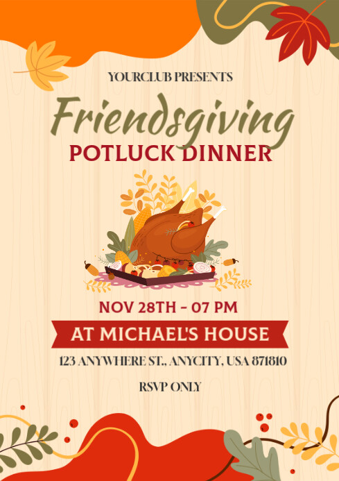 Yellow Floral Friendsgiving Potluck Dinner Invitation Template A4 ...